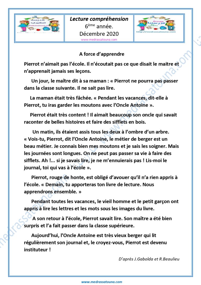 Examen lecture-compréhension 6éme année 1er trimestre - مدرستنا